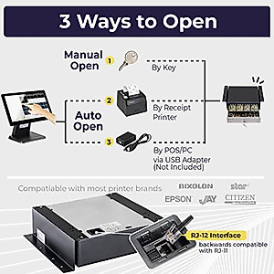 Cash Register Drawer with Under Counter Mounting Bracket - 13" Black Cash Drawer for POS, Stainless Steel Front 4 Bill 5 Coin Cash Tray, Removable Coin Tray, 24V RJ11/RJ12 Key-Lock, 2 Media Slots
