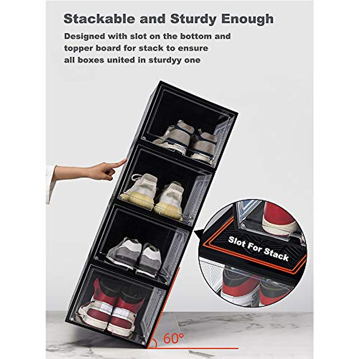 Shoe Organizer with Hard & Thick Plastic Board Shoe Storage Boxes Fits US Size 13, shoe boxes Clear Plastic Stackable Measure L14.2xW11.2xH8.5(inch) For Sneaker High Heel Storage & Display (YW-2PK)