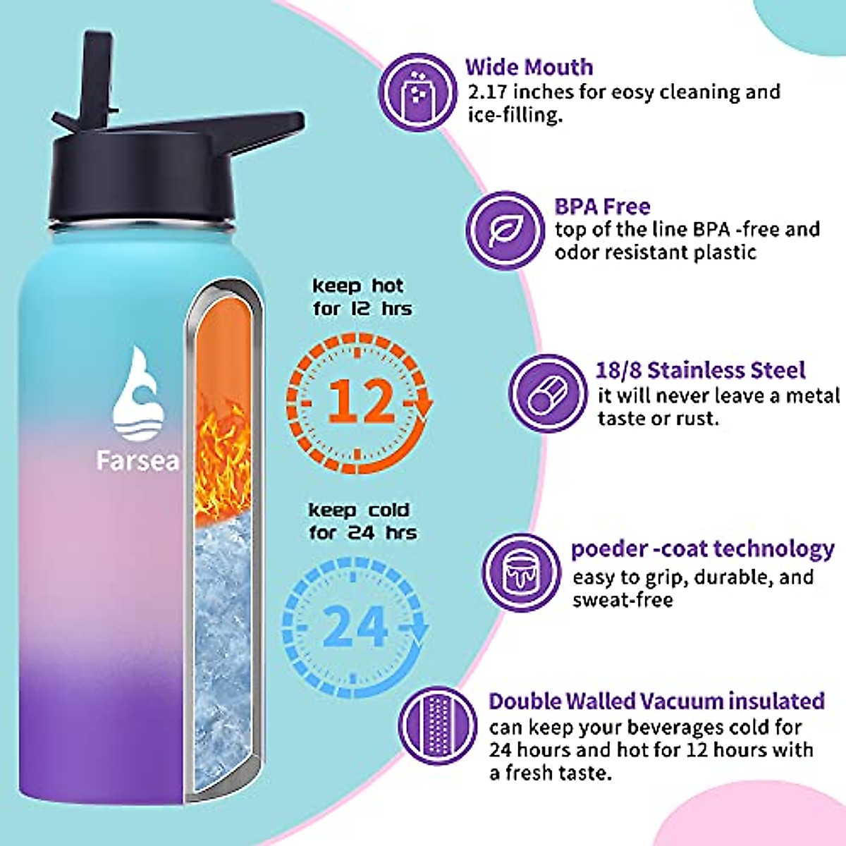 Farsea Insulated Water Bottle with Straw Lid & Spout Lid & Paracord Handle, Stainless Steel Water Bottle Wide Mouth, Double Wall Sweat-Proof BPA-Free, 32 oz, Gradient Mint + Pink + Purple