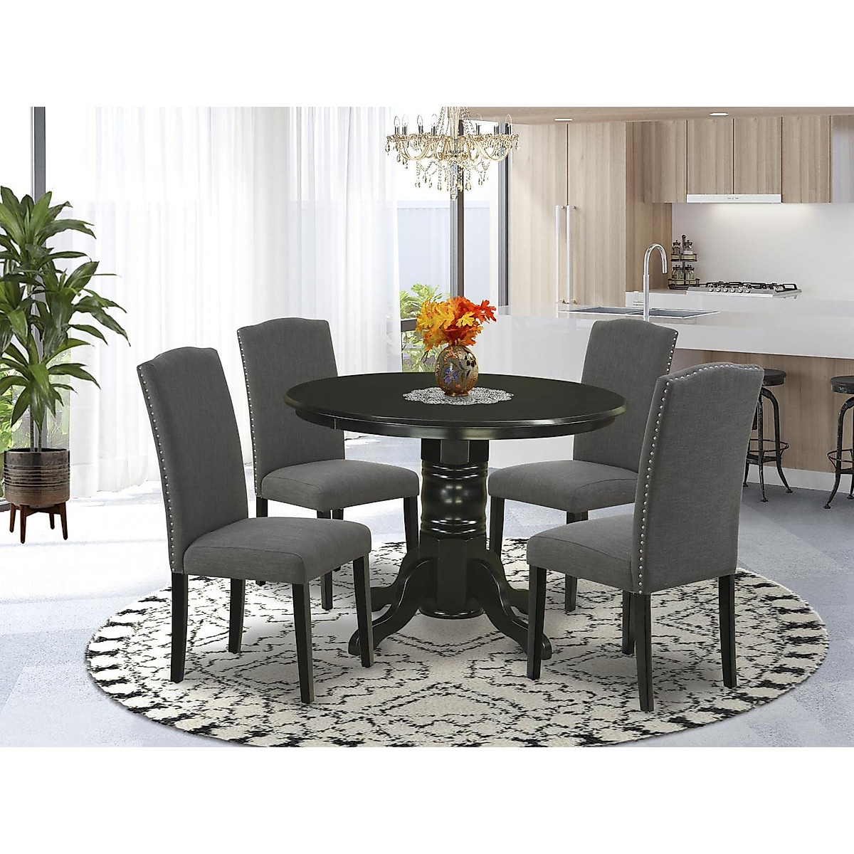 East West Furniture SHEN5-BLK-20 5 Piece Dining Room Table Set Includes a Round Kitchen Table with Pedestal and 4 Dark Gotham Linen Fabric Upholstered Chairs, 42x42 Inch, Black