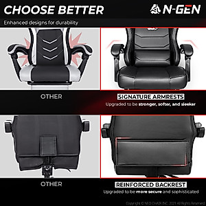 N-GEN Gaming Chair with Footrest Levelled Seat PU Leather Adjustable Ergonomic Lumbar Support High Back Office Swivel Computer Desk Headrest E-Sports PC Gamer Height Reclining (3. Black)