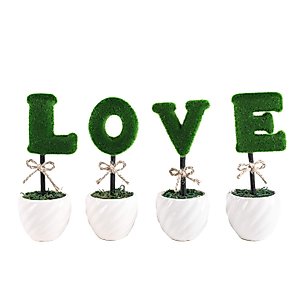 Liry Products Love Letters Decoration White Ceramic Pots Artificial Plants Topiary Set of 4 Faux Bush Planters Tabletop Hedge Sculptures Valentine’s Day Wedding Party Home Office Garden Rustic Modern