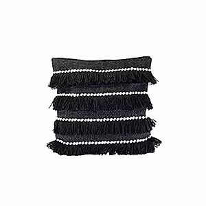 Foreside Home & Garden FIPL09795 Black Decorative Striped Woven 18x18 Outdoor Throw Pillow with Hand Tied Fringe