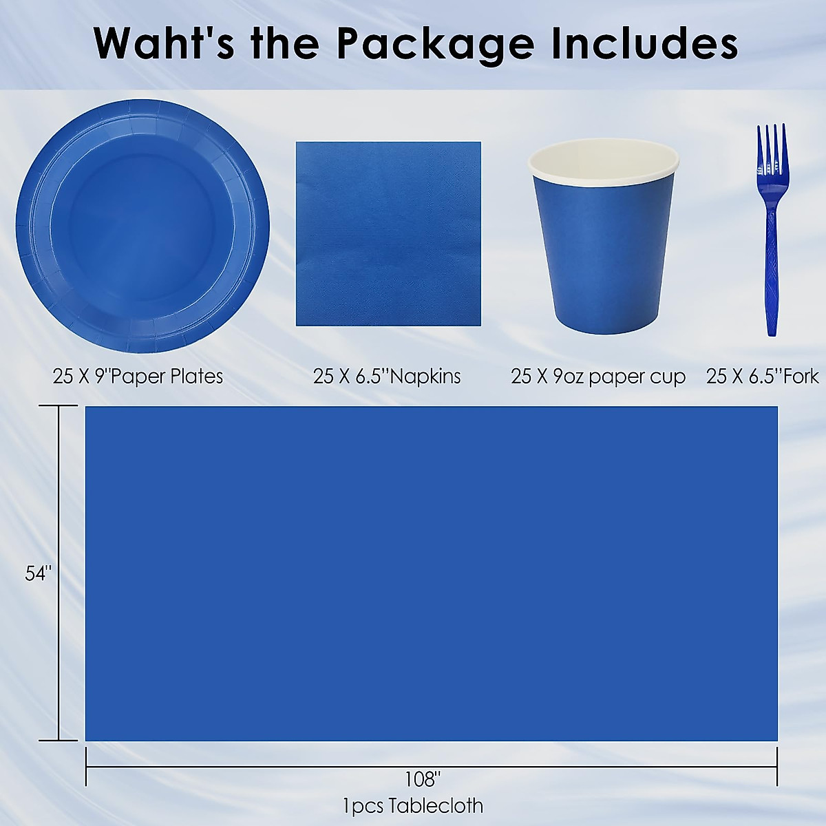 Severs 25 Guests Blue Party Supplies Set Include 9-inch Blue Paper Plates Cups Blue Napkins and Tablecloth,Blue Disposable Dessert Plates for Wedding Birthday