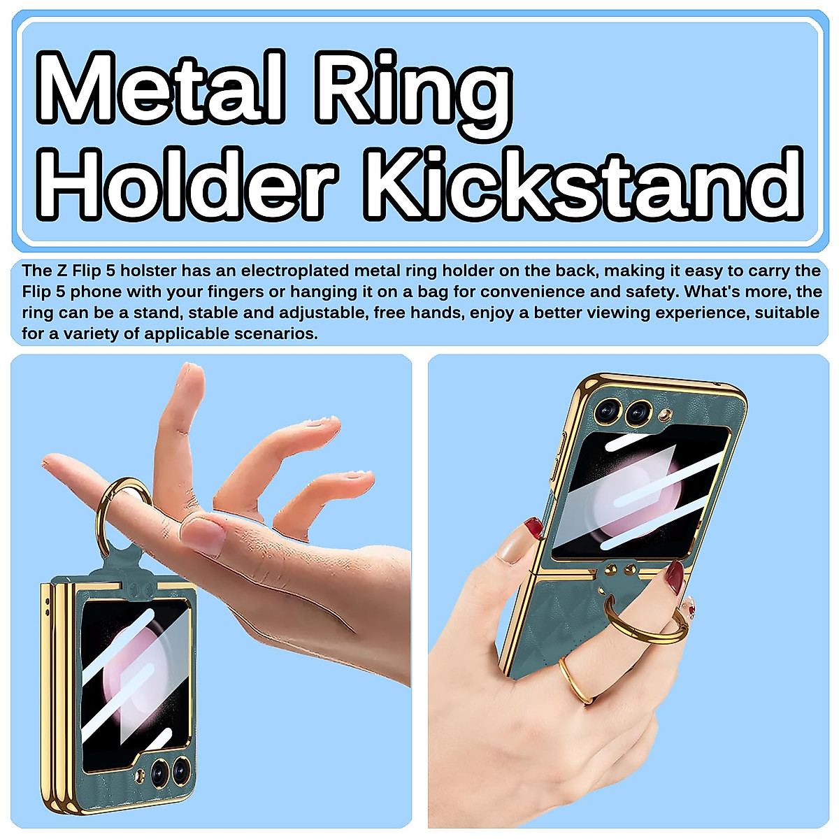 Miimall Leather Case with Metal Ring Holder Stand Compatible with Galaxy Z Flip 5, Built-in Screen Protector, Leather Cover with Electroplating Frame Ultra-Thin Case Cover for Z Flip 5 (Deep Green)