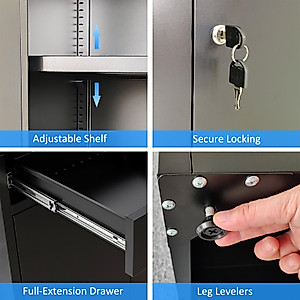 JINGUR Metal Storage Cabinet with Locking Doors and 2 Drawers, Lockable Storage Cabinets with Adjustable Shelf for Home Office and Garage (Black)