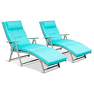 Giantex Chaise Lounge Chair for Outside, Pool Folding Reclining Beach Chair W/Removable Cushion&Headrest Pillow, Outdoor Lounge Chaise w/ 7 Backrest Positions, Portable Patio Lounger (2, Turquoise)