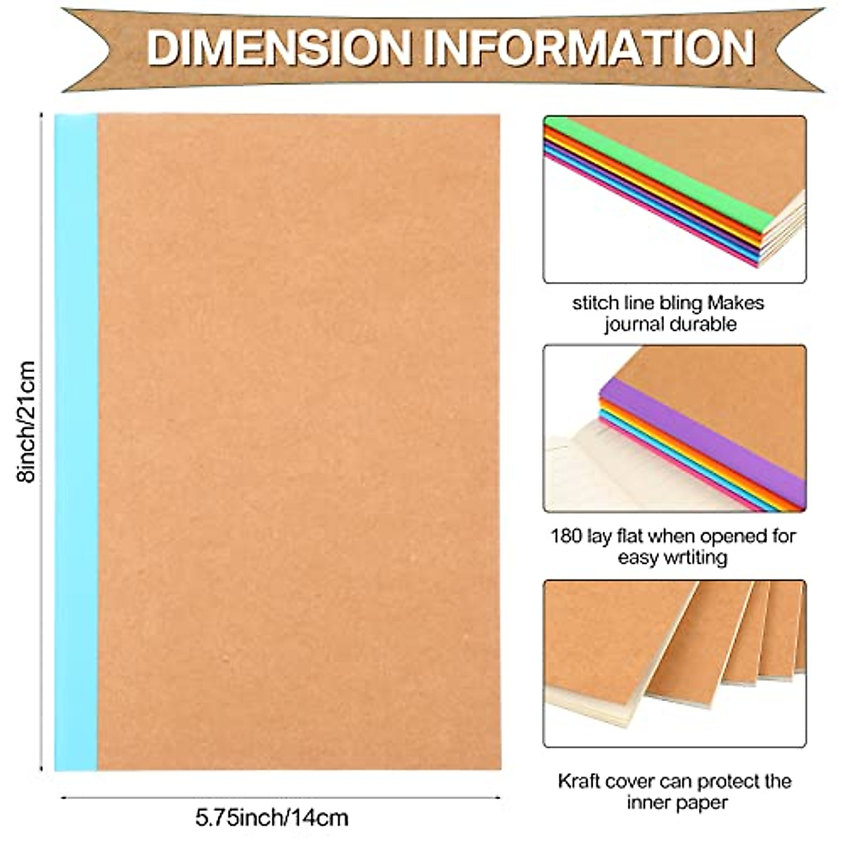 Composition Notebook Journals A5 Kraft Notebooks Kraft Cover with Rainbow Spines,120 Pages Ruled Lined Paper Notebook Bulk for Kids Students Office School Supplies, 8.3 x 5.5 Inch (48 Pcs)