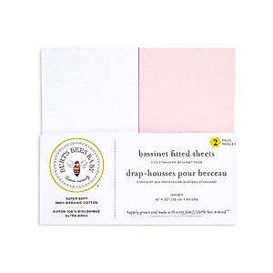 Burt's Bees Baby - Bassinet Sheet, Fitted Unisex Boy Girl 100% Organic Jersey Cotton Bassinet Sheet for Standard Bassinet Mattress (Blossom/White, 2-Pack)