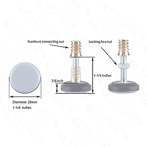 CSFMC Furniture Leveler PTFE(Teflon) Bottom(28mm Base 1/4-20,8 Pack),Threaded Shank Adjust Pads,Table/Chair/Cabinet/Sofa Medium Adjustable Legs Leveling,Nuts Installation and Floor Protection