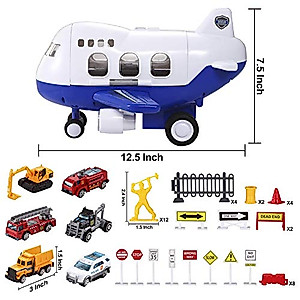 Transport Cargo Airplane Toy City Hero with Vehicles Including 1 Friction Powered Air Plane, 6 Die-Cast Cars, 12 Worker Action Figures, Various Traffic Road Signs