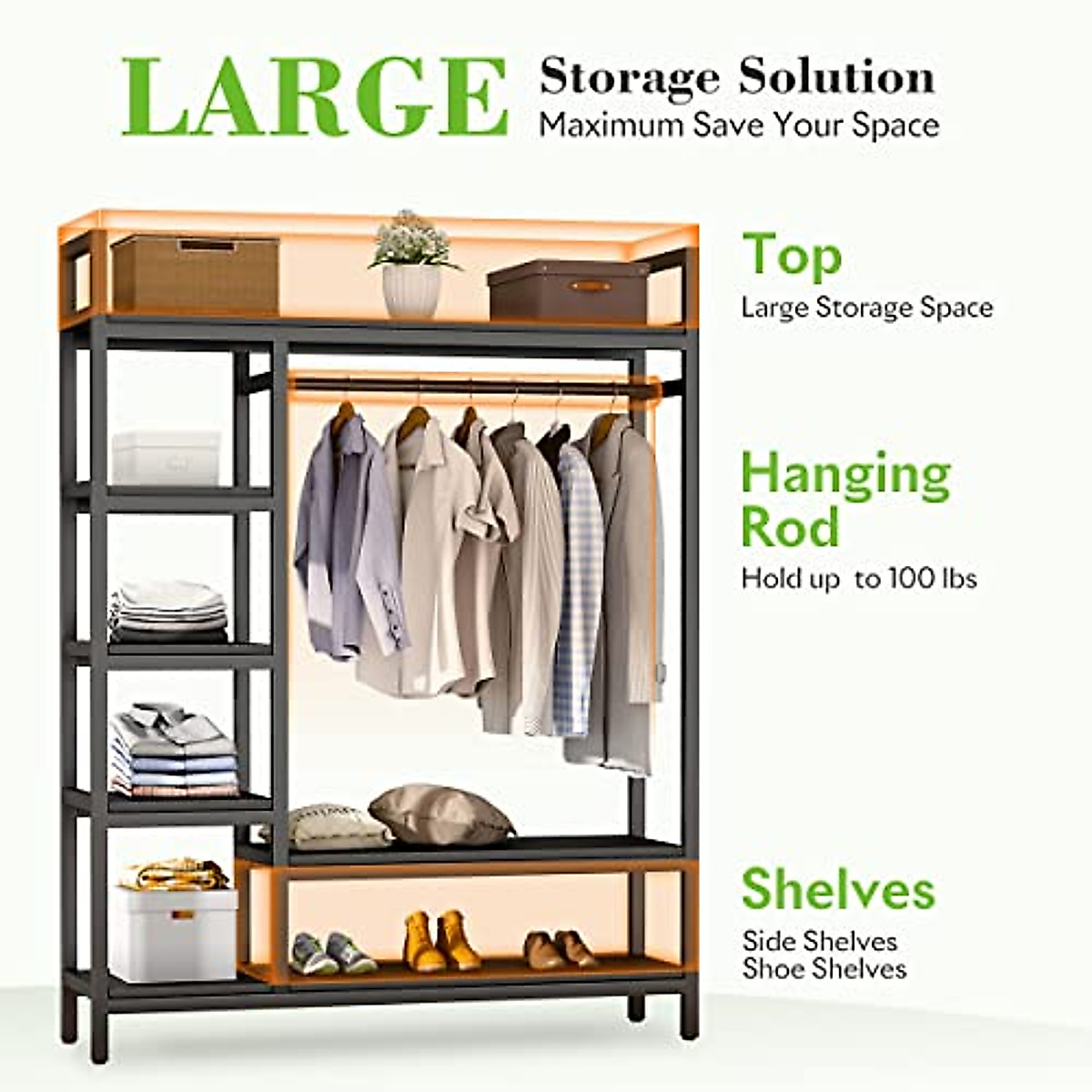 HOKEEPER 600lbs Capacity Free Standing Closet Organizer with 6 Metal Shelves Heavy Duty Clothing Rack for Hanging Clothes Sturdy Storage Wardrobe Closet Garment Rack for Bedroom