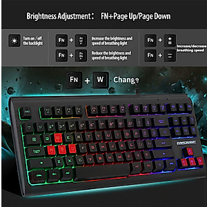 Lumsburry Rainbow LED Backlit 87 Keys Gaming Keyboard, Compact Keyboard with 12 Multimedia Shortcut Keys USB Wired Keyboard for PC Gamers Office