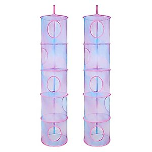 Sutinban 2 Pcs Hanging Mesh Stuffed Animal Storage for Kids Room, Bathroom and Balcony, 5 Tier Foldable Corner Net Organizer, for Organizing Plush Toys, Socks,Pink-Blue Tiedye(Pink)
