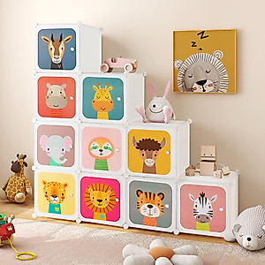 HONEY JOY Kids Wardrobe Closet, Baby Cartoon Clothes Storage Organizer, 12 Cubes & 2 Hanging Sections, Portable Children DIY Modular Bedroom Armoire Dresser Cabinet for Boys Girls (White)