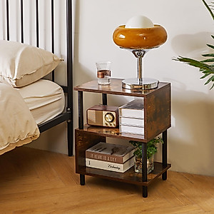 Aibiju Side Table for Bedroom, Narrow End Table Small, Mid-Century Modern Nightstand with Open Storage Shelf, Small Table Rustic Brown/Black YD-TM152H