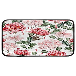KOBLEN Red Peony Leaves Kitchen Rugs Non Slip Washable Absorbent Kitchen Mats 20x39 inch Cushioned Anti Fatigue Kitchen Floor Mats for in Front of Sink