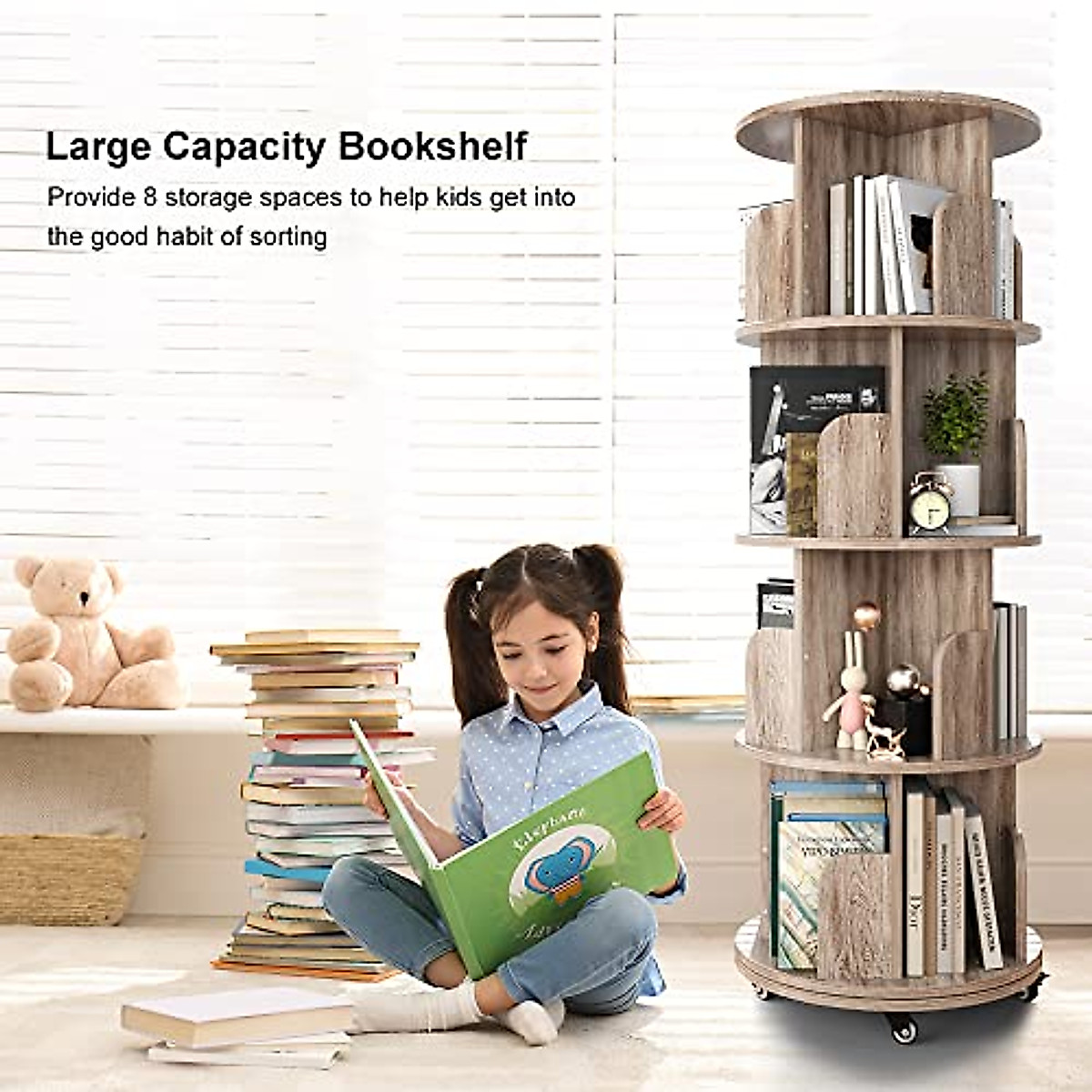 Nidouillet Rotating Bookshelf, 4 Tier Revolving Bookcase with Brake Wheels 360° Display Round Bookshelf Narrow Swivel Corner Book Shelf Standing Bookcase Adult Bedroom, Living Room - Oak Grey