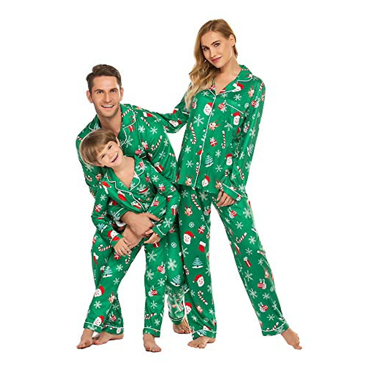 Ekouaer Womens Pajama Sets for Christmas Santa Claus Family Pjs Sets Button Up Classic Nightwear (Women/Green,L)