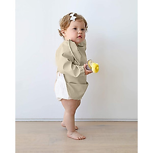 WILLOW + SIM Long Sleeve Baby Bib - Mess-Proof Feeding Bib for Babies 6-24 Months - Parchment