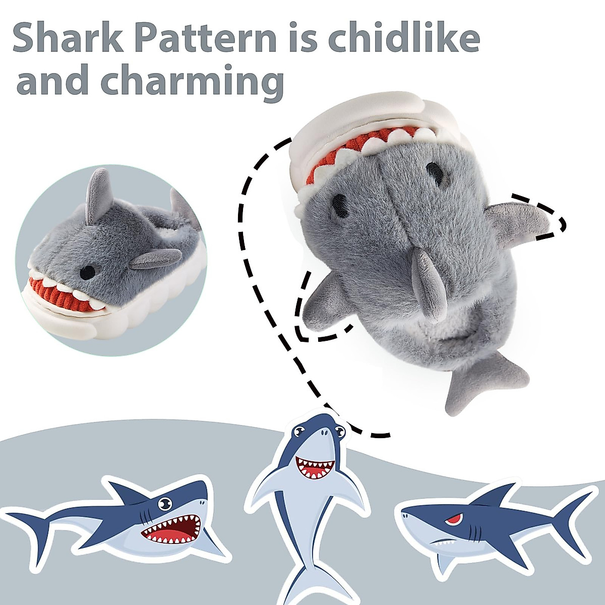 Fiedaz Boys Girls Shark Slippers Kids House Cute Slippers for Toddler Plush Warm Slippers Non-Slip Indoor bedroom Winter Shoes Half Heel Grey 1-1.5 Big kids EU 32-33