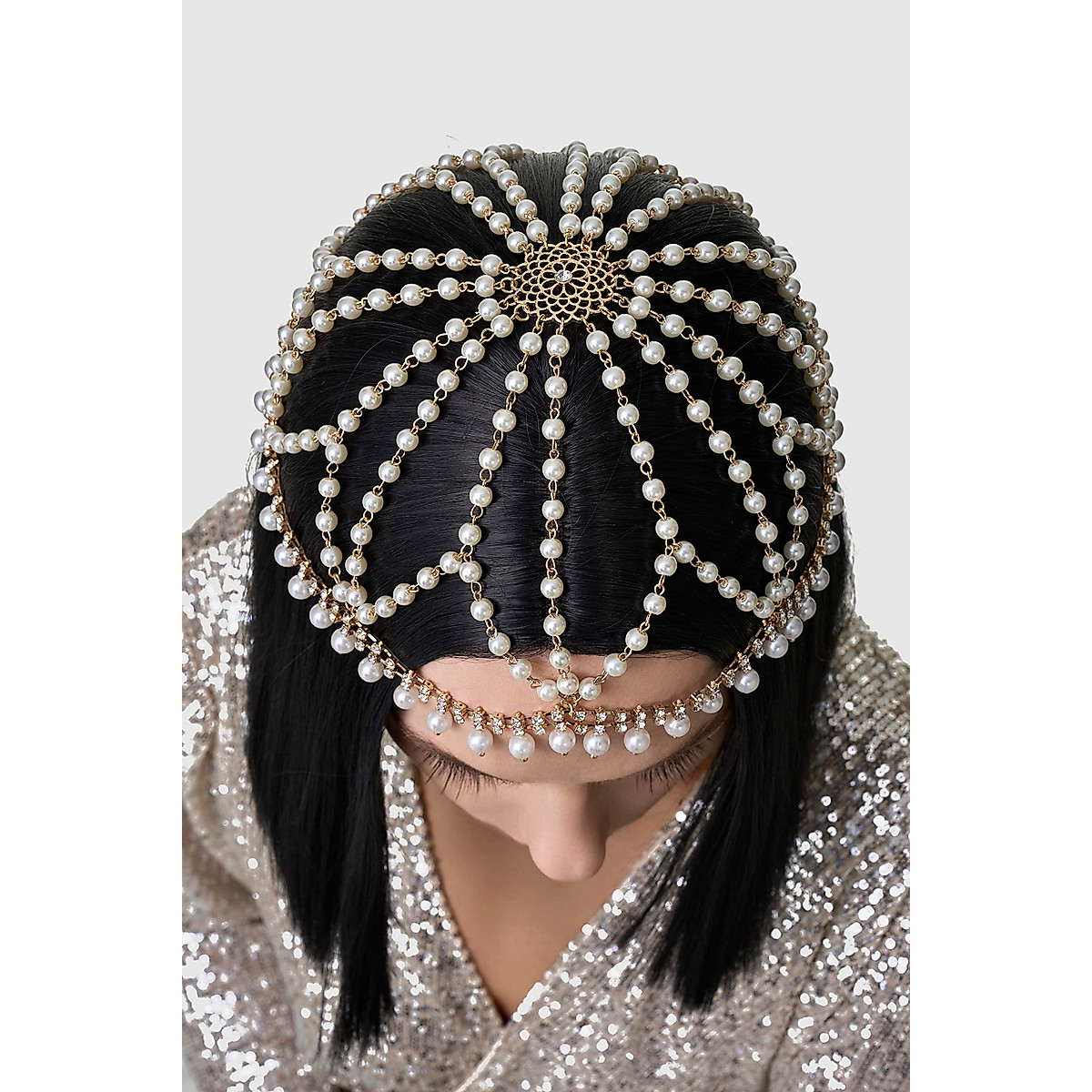 BABEYOND 1920s Crystal Cap Headpiece Rhinestone Head Chain Roaring 20s Great Gatsby Hair Accessories for Art Deco Party