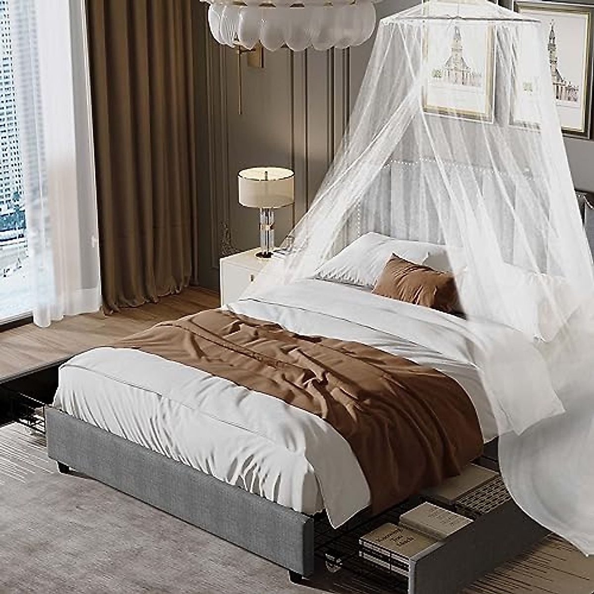 Queen Size Linen Upholstered Platform Bed Frame with 2 Big Drawers, Modern Rivets Design Platform Bed with Stitched Padded Headboard & Wood Slats Support for Bedroom, No Box Spring Needed (Grey)