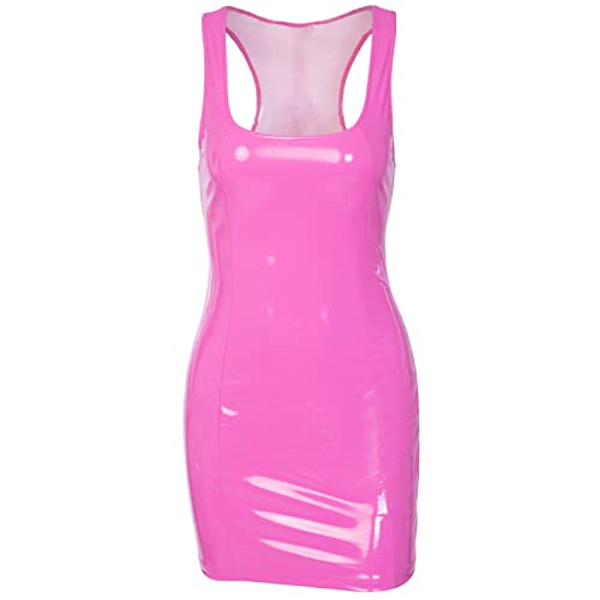 Women Leather Sleeveless Dress Bodycon Sexy Shiny Metallic U Neck Wrap Dress Zip Up Club Party Wear Latex Mini Dress (Pink, Small)