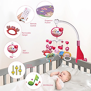 YUNGCHI Baby Mobile for Crib with Crib Toys Music and Lights for Pack and Paly Crib Musical Carousel Mobile Baby Mobile for Girls and Boys Portable Mobile for Baby Bassinet Toys Hanging - Red