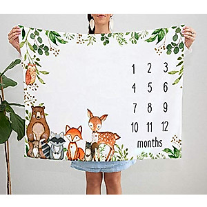 RICEFINE Woodland Baby Monthly Milestone Blanket, Woodland Animals Baby Growth Chart Monthly Blanket, Watch Me Grow Baby Woodland Forest Nursery for New Moms Baby Shower (50"x40")