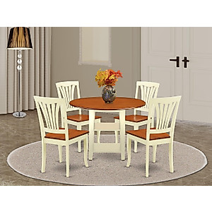 East West Furniture SUAV5-BMK-W 5 Piece Dining Room Furniture Set Includes a Round Dining Table with Dropleaf & Shelves and 4 Wood Seat Chairs, 42x42 Inch, Buttermilk & Cherry