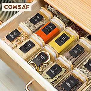 ComSaf 12Pcs Glass Spice Jars with Bamboo Lid, 8oz Airtight Square Spice Containers with 275 Black Lables, Empty Seasoning Jars for Spice Salt Sugar