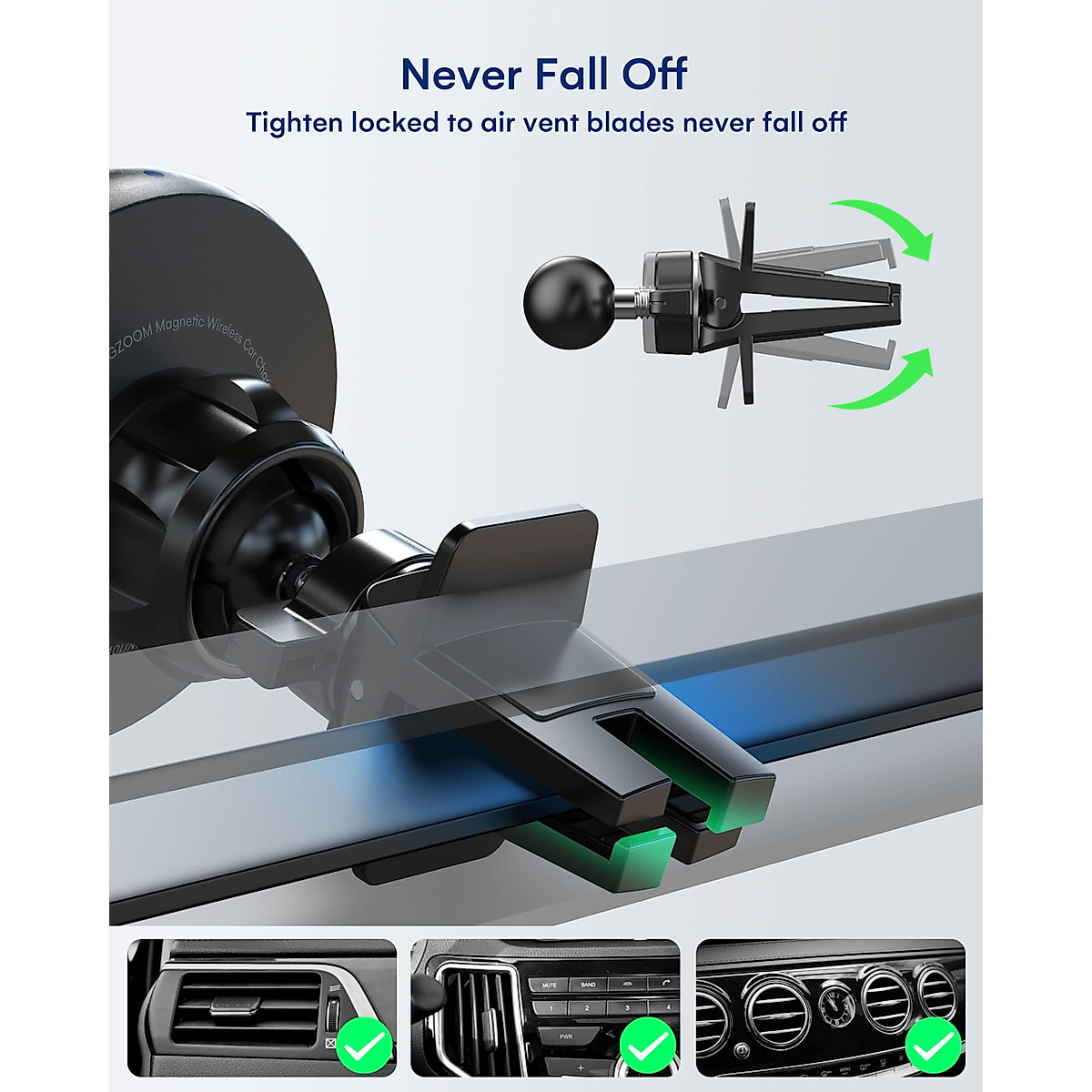 Magnetic Wireless Car Charger Mount, Mag-Safe Compatible Car Mount Wireless Charger, Dashboard & Air Vent Car Phone Mount Compatible for iPhone 15 14 13 12 Pro Max Mini etc