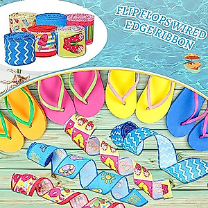 6 Rolls 30 Yards Summer Wired Ribbon Flip Flop Waves Polka Dot Stripe Fabric Decorative Ribbon Summer Themed Burlap Ribbons for Summer Wreath Bow DIY Craft