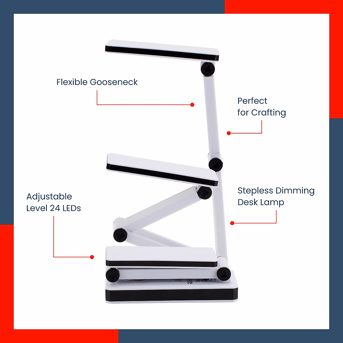 Jerry's Everywhere Flexible Portable 24 LED Task Lamp, 3 Adjustable Dimmable Levels Includes AC/USB Power Supply (Optional AA Battery)