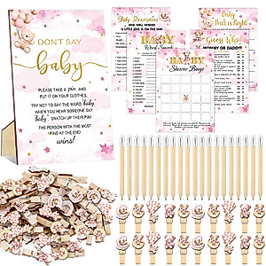 Patelai 321 Pcs Baby Shower Games Supplies, 5 Sets (50 Cards Each) Activities Cards with 20 Pencils 1 Don't Say Baby Sign 50 Clothespin(Pink Bear)