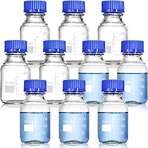 Yopay 10 Pack Media Storage Bottles with GL45 Blue Screw Cap, 250ml Reusable Glass Bottle, Round Scientific Glass Container for Labs, Classrooms or Home Use