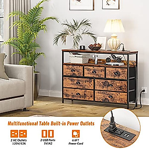 Furologee TV Stand with Power Outlets, Console Sofa Table with 7 Fabric Drawers and Shelves, Entertainment TV Media Center for 45" TV, Wide Storage Drawer Unit for Bedroom, Living Room