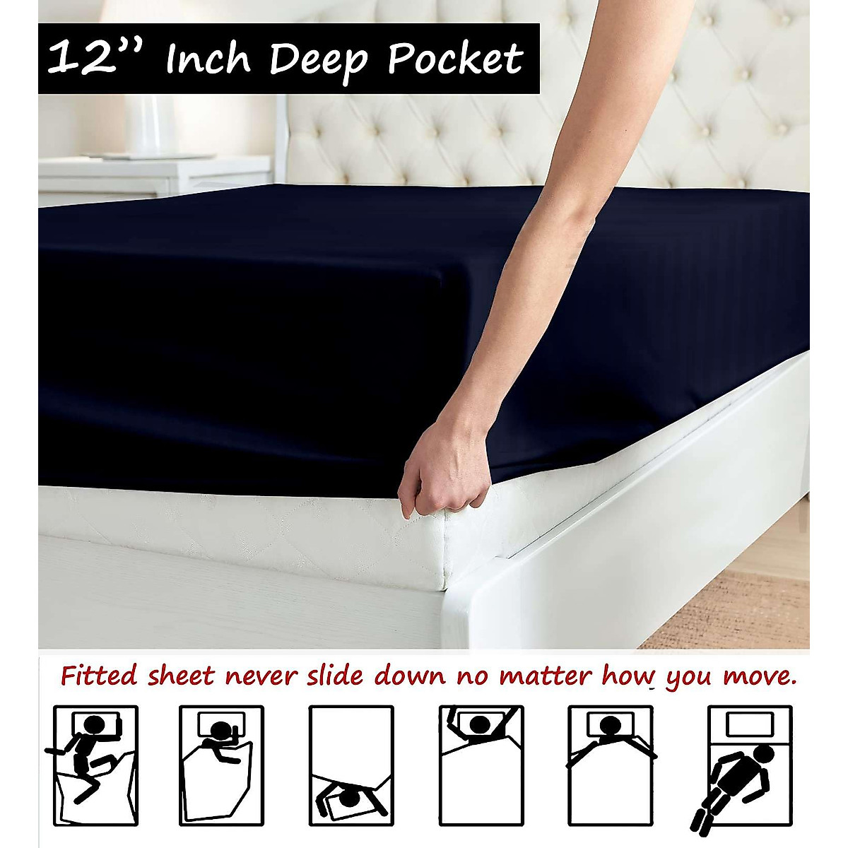 400 Thread Count 100% Egyptian Cotton Sheet Set - Olympic Queen Size Sheets Set - 12 inch Deep Pocket of Fitted Sheet - 4 Piece Sheet Set (Navy Blue Stripe - Olympic Queen 12 inch Deep Pocket Sheets)