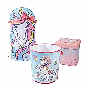 Idea Nuova JoJo Siwa Believe in Your Dreams Unicorn 3 Piece Collapsible Storage Set with Collapsible Ottoman, Bin and Figural Dome Pop Up Hamper, Pink