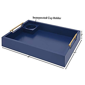 Deluxe Ottoman Tray- Wooden Serving Tray with Handles and Incorporated Cup Holder- Mid Century Modern Décor- Dark Navy Blue Tray 18"x14"x.3
