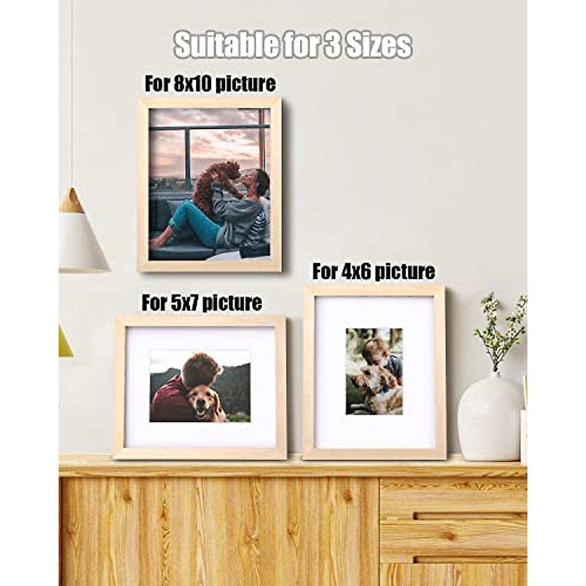 Egofine 8x10 Picture Frames Made of Solid Wood with Plexiglass, Display Pictures 4x6/5x7 with Mat or 8x10 Without Mat Set of 4 for Tabletop and Wall Mounting, Natural Wood
