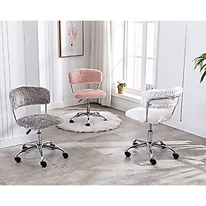 White Home Office Chair Cute Fluffy Vanity Chair with Back Task Upholstered Fur Armless Swivel Desk Chair for Study Room, Height Adjustable