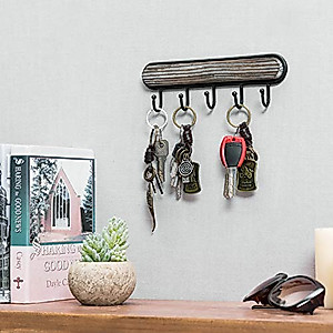 MyGift Decorative Wall Mounted Torched Wood Entryway Coat Rack and Key Holder Rack with 5 Hooks and Black Metal Frame