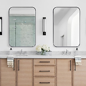 soges Black Medicine Cabinet Mirror with 2 Adjustable Storage Shelves, 24”x16” Recessed Medicine Cabinet with Mirror for Bathroom, Wall Mounted Deep Metal Framed Rounded Corner Rectangle