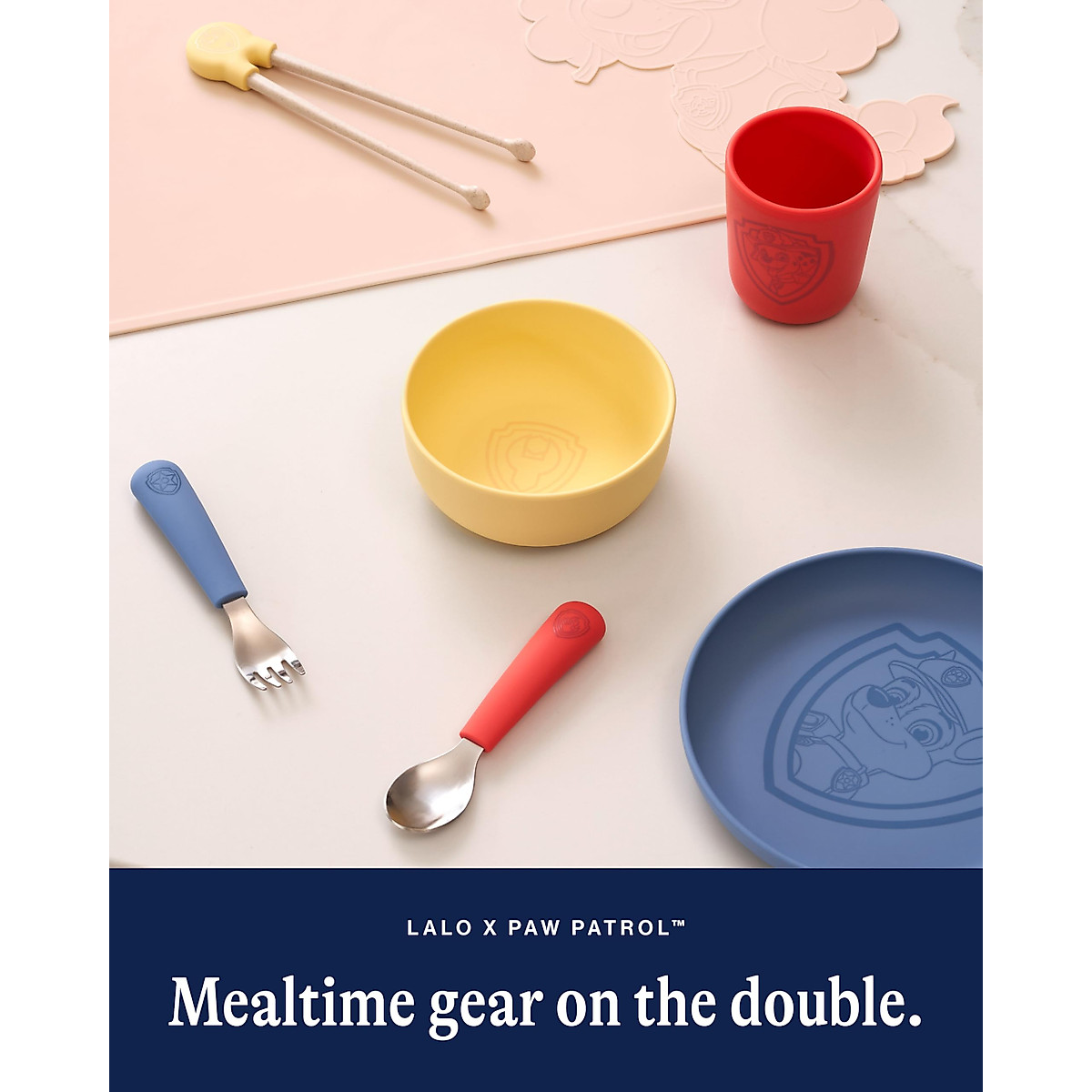 Lalo PAW Patrol Utensils - Toddler Fork and Spoon Set - Stainless Steel and Silicone Ergonomic Toddler Utensils - Children Safe Flatware Set - 2 Pieces - Chase