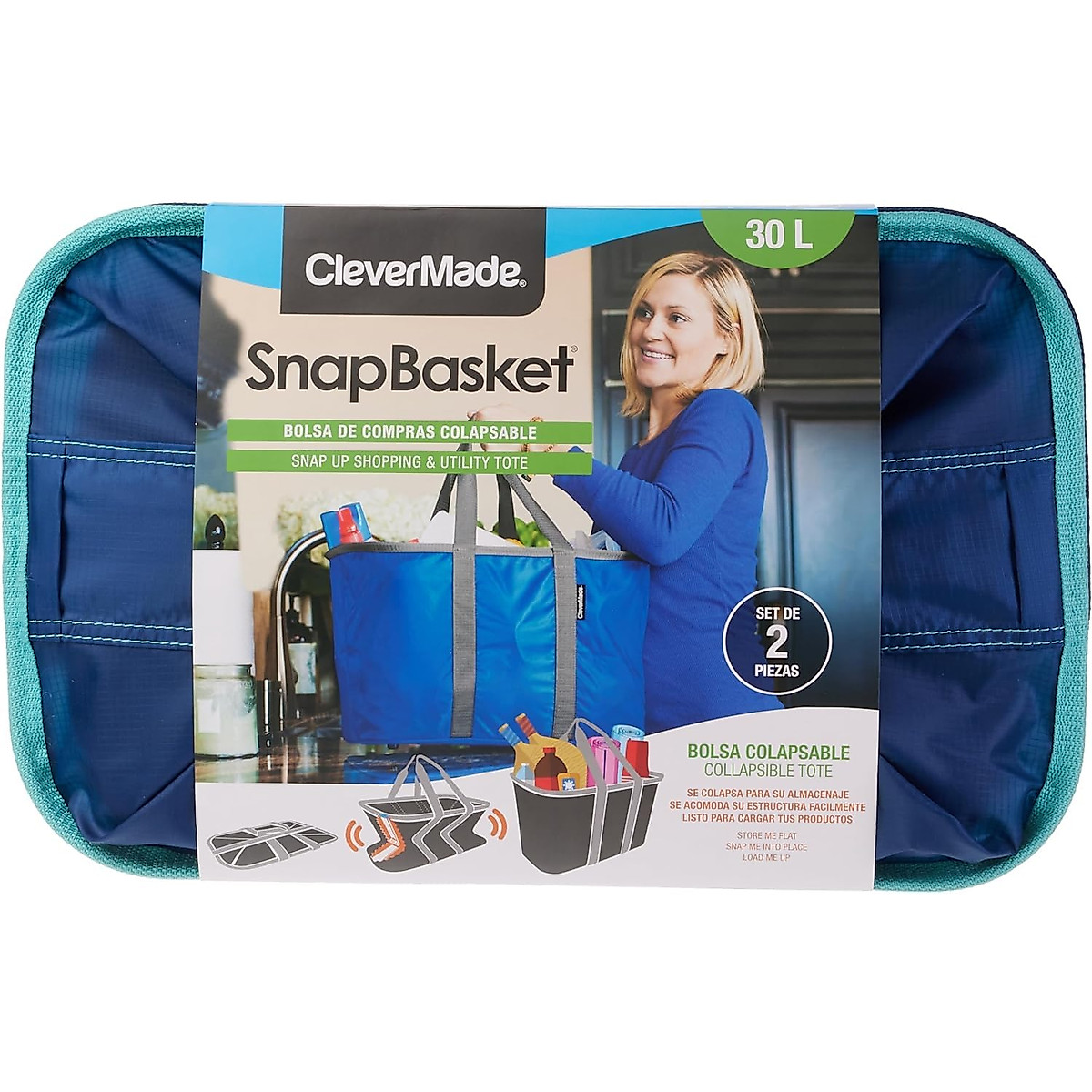 CleverMade SnapBasket 30L Collapsible Tote - Navy/Teal, Pack of 2