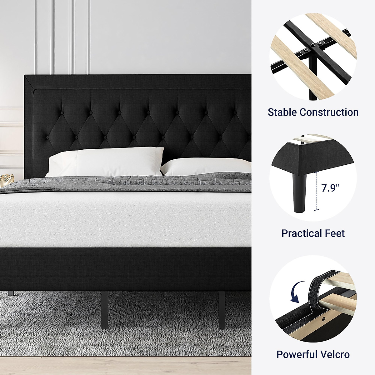 Allewie King Size Bed Frame Upholstered Platform Bed with Adjustable Headboard, Button Tufted, Wood Slat Support, Easy Assembly, Black