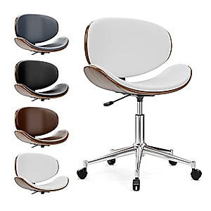 OKAKOPA White Desk Chair Small Office Chair 360° Swivel Height Adjustable Modern Office Chair Ergonomic Curved Wood Desk Chairs Leather Armless Desk Chair with Wheels (White)