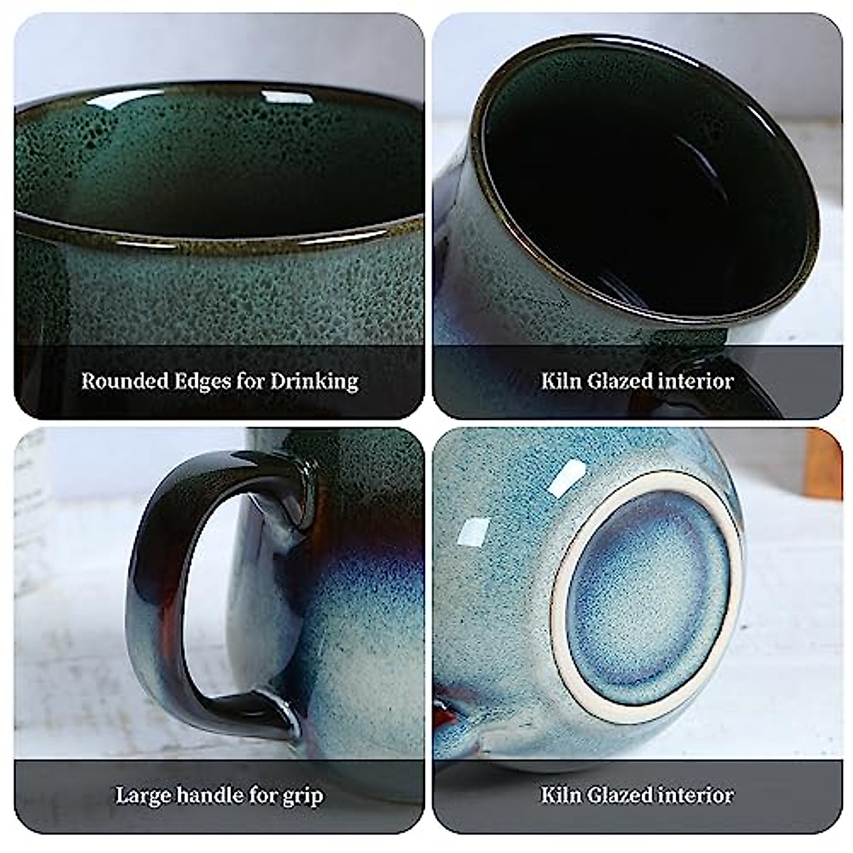 RELEDESA 16 Oz Large Ceramic Coffee Mug with Big Handle, Handmade Glazed Tea Cup for Office and Home, Microwave and Dishwasher Safe, Small Coffee Cups for Hot and Cold Drinking (Ink Green)